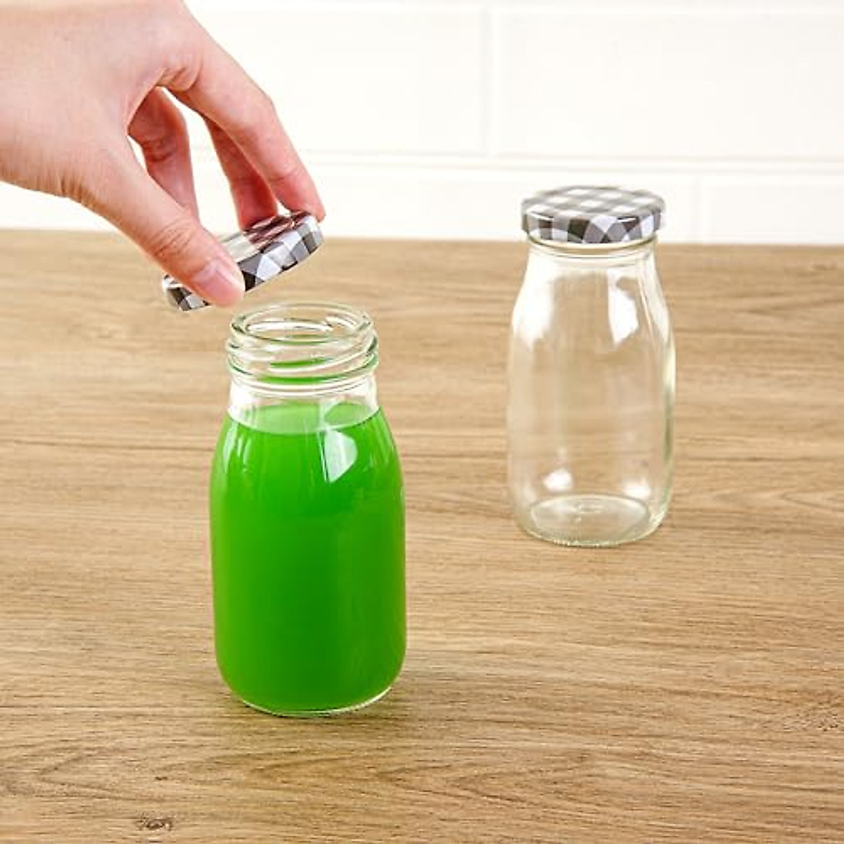 French Countryside 6 Ounce Glass Bottles, 10 Durable Juice Bottles - With Black Plaid Lid, Dishwashable, Clear Glass Countryside Bottles, For Hot And Cold Beverages - Restaurantware