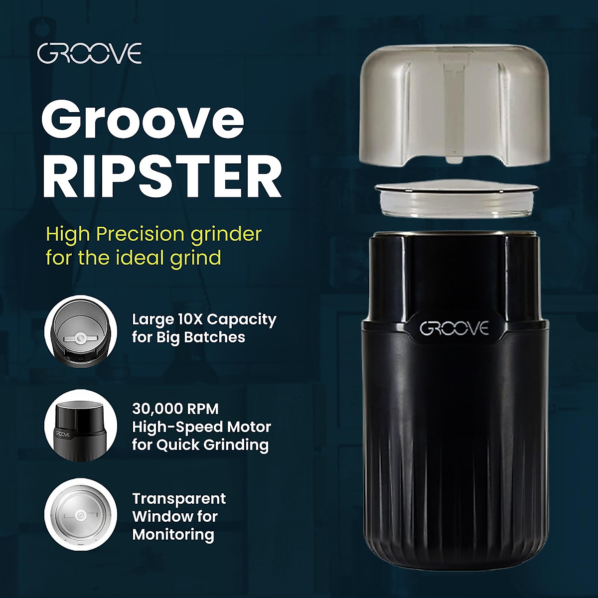 Electric Grinder, Large Capacity 30,000 RPM Herb Grinder – Adjustable Coarse to Fine Electric Spice Grinder, Stainless Steel, One-Button Start, for Herbs, Spices, Coffee & More