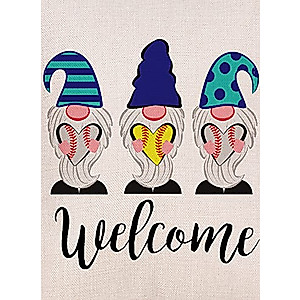 Welcome Baseball Gnome Garden Flag Vertical Double Sided Bat Ball Sport Softball Flag Yard Outdoor Decoration 12.5 x 18 Inch