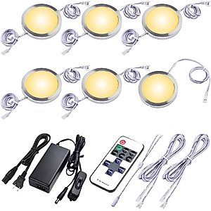 Lvyinyin Kitchen Underneath Cabinet LED Puck Light, Hutch Backsplash Back Lighting, 110V Plug in & Hardwired, Wireless RF Remote Control Dimmable, Linkable, White Wires, Warm White 2700K, 6 Lights