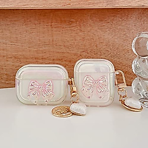 Ownest Compatible with AirPods Case Cute Clear Gradual Laser Bow Pattern Girls Woman Soft Silicone Shockproof Love Heart Keychain Design Cover for AirPods Pro-Transparent