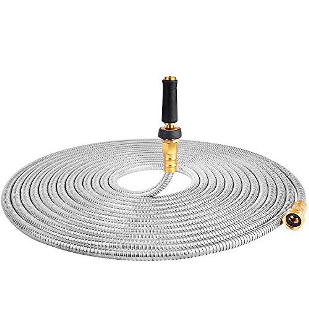 TOUCH-RICH 304 Stainless Steel Garden Hose, Lightweight Metal Hose with Free Nozzle, Guaranteed Flexible and Kink Free (50FT, Stainless)