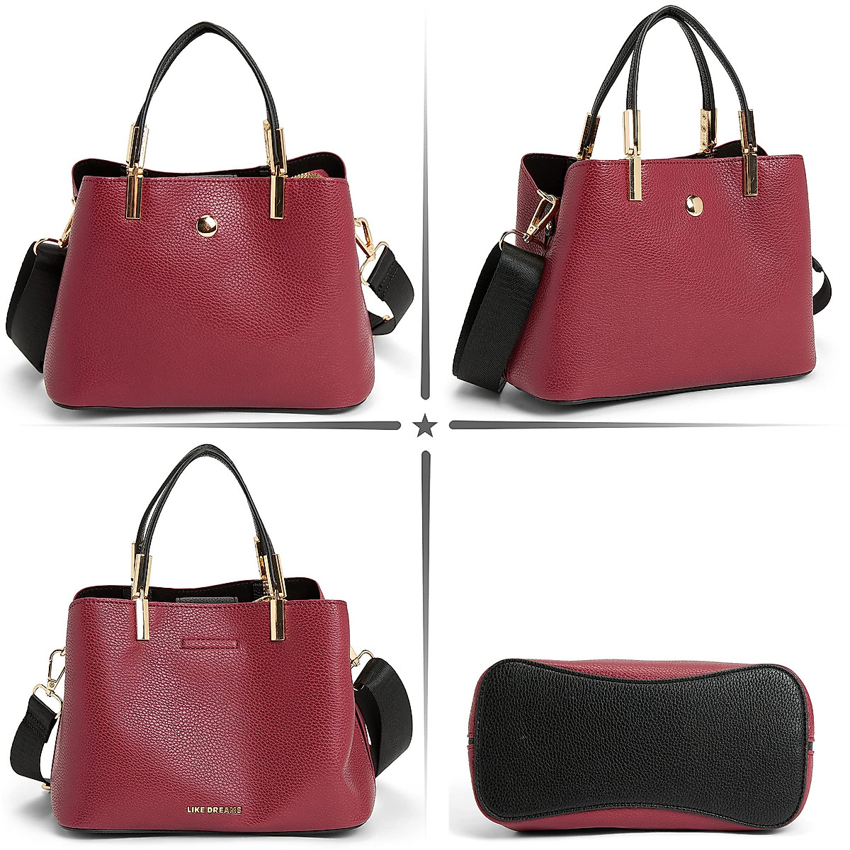 Like Dreams Women's Everyday Vegan Leather Top Handle Detachable Long Strap Bucket Fashion Crossbody (Burgundy)