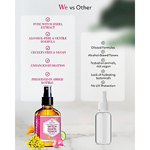 Witch Hazel Alcohol Free Toner by Leven Rose, 100% Pure Organic Facial Rose Water with Rose Petals, Calendula, Cucumber, and Chamomile Flower 4 oz