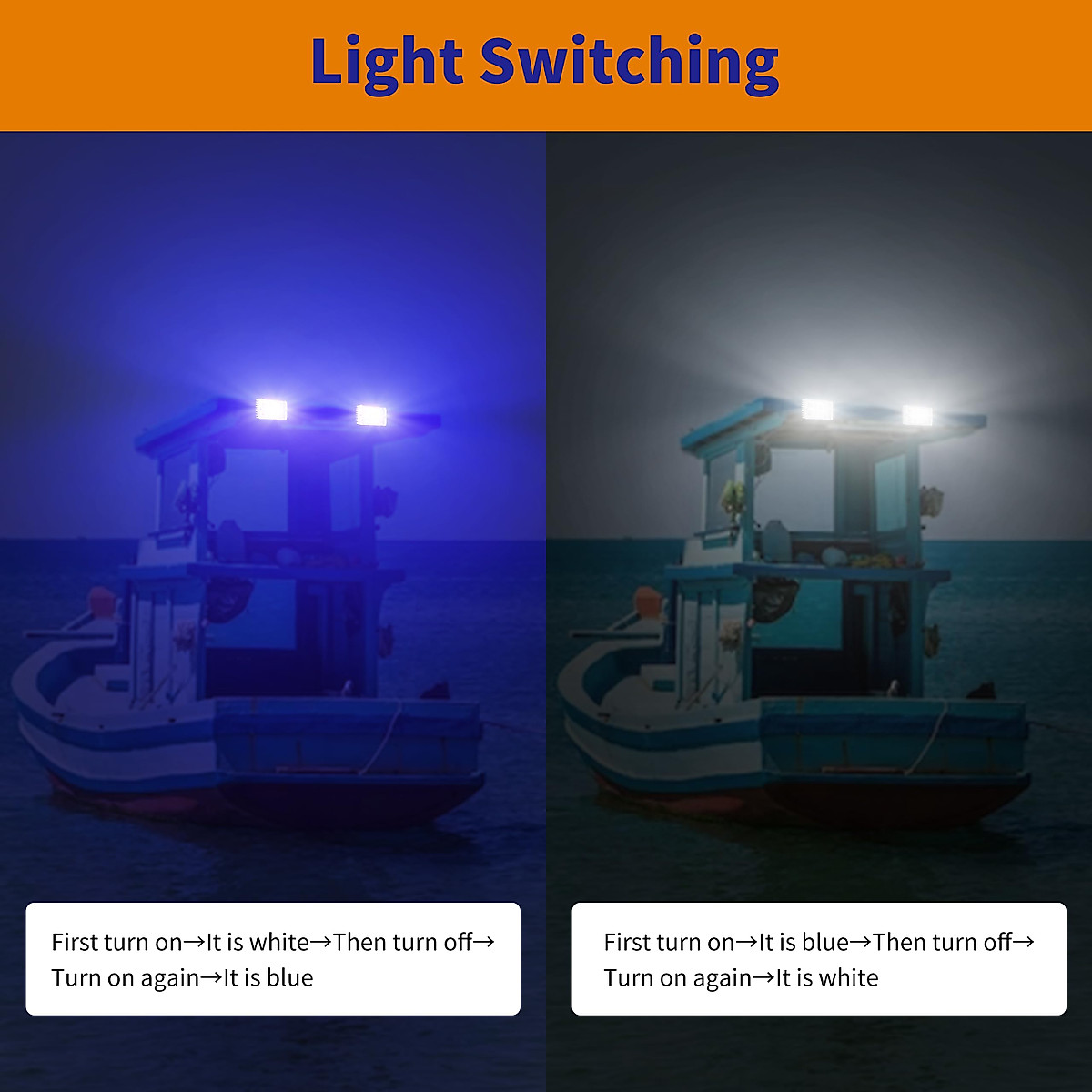 RVZONE Dual Color Led Boat Lights IP67 Waterproof LED Marine Spreader Light Deck/Dock Marine Lights Boat Deck Flood Beam Led Boat Light Bar for Night Fishing (White Housing, White & Blue)