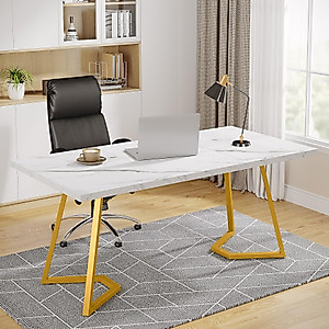 Tribesigns Modern Gold Computer Desk: 55 Inches White and Gold Home Office Desk with Metal Legs, Faux Marble Study Writing Table for Small Spaces, Simple Desk for Bedroom
