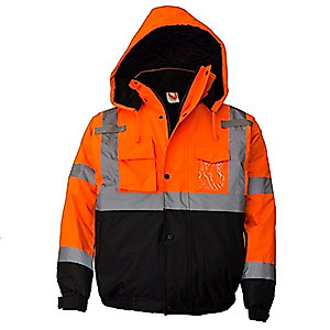 New York Hi-Viz Workwear WJ9011-L Men's ANSI Class 3 High Visibility Bomber Safety Jacket, Waterproof (Large, Orange)