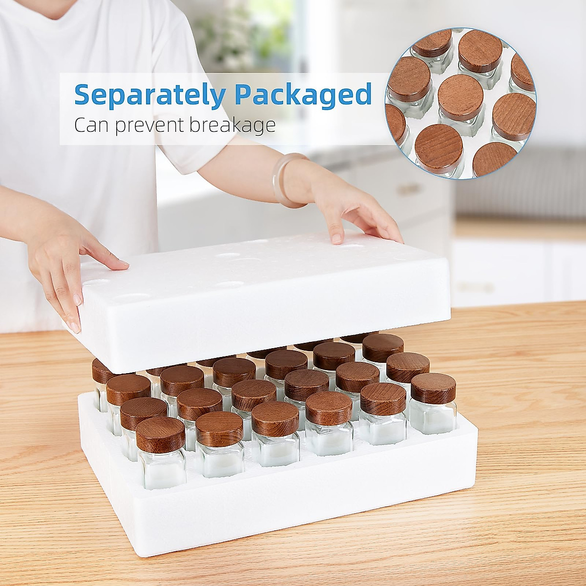 Yangbaga 24Pcs Glass Spice Jars with Labels，4oz Empty Square Spice Bottles with acacia wood lid & Shaker Lids and Silicone Collapsible Funnel Included