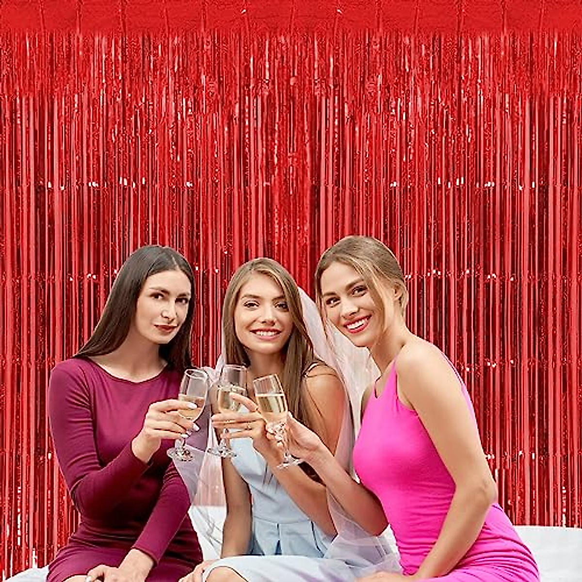 3 Pack Red Thicken Foil Fringe Curtains Decorations 3.2x8.2ft, Photo Backdrop for Birthday Bachelorette Bridal Shower Baby Shower Graduation Party, Party Streams Decor