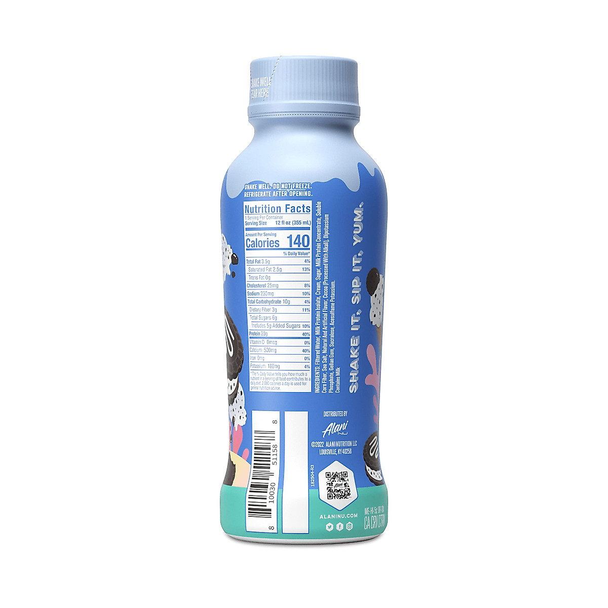 Alani Nu Protein Shake, Ready to Drink, Naturally Flavored, Gluten Free, Only 140 Calories with 20g Protein per 12 Fl Oz bottle (Cookies & Cream, 4 Pack), Number Of Items 1