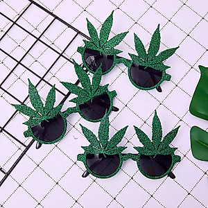 5 Pairs Marijuana Glasses Glittered Weed Glasses Pot Leaf Round Lens Sunglasses for Halloween Costume Green