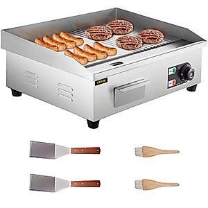 VEVOR 22" Commercial Electric Griddle, 1600W Electric Flat Top Grill, Half Grooved Teppanyaki Grill, Stainless Steel Electric Countertop Griddle w/Drip Hole, 122°F-572°F Electric Griddle for Kitchen.