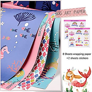 MAMUNU Gift Wrapping Paper Set Girls, 8 Sheets Mermaid Wrapping Paper with Stickers, Colorful Pink Kraft Wrapping Paper for Girls Women Kids Birthday Baby Shower Holiday Party, 20x27 Inch Per Sheet