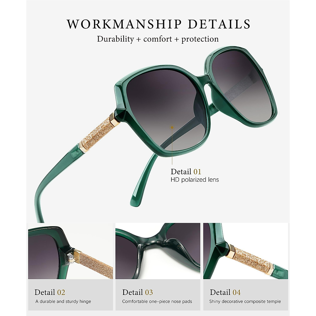 KALIYADI Polarized Sunglasses Womens Trendy Square Ladies Sun Glasses Classic Shades Sparkling Frame UV400 Protection(Green)