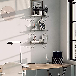 Wallniture Colmar Washed White Floating Shelves for Wall, Wood Wall Shelves for Living Room, Geometric Triangle Shelf with White Brackets Set of 3