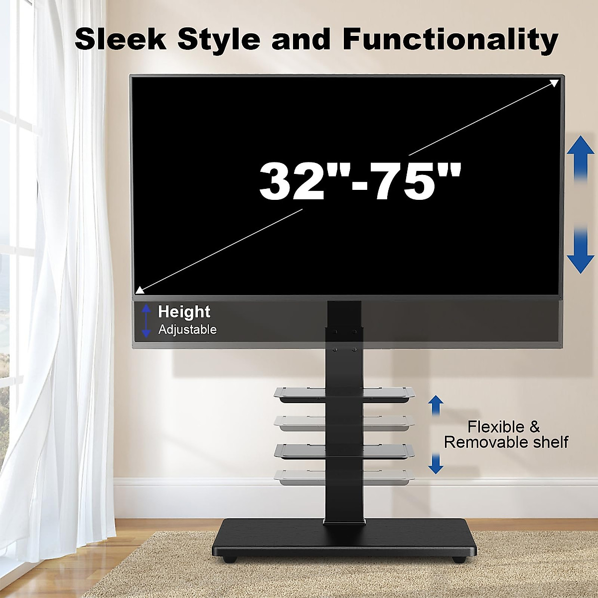 YOMT Floor TV Stand with Sturdy Wood Base, Tall Universal TV Stand with Mount for Most 32-75 inch TVs up to 110 lbs, Height Adjustable TV Stand with Swivel, TV Mount Stand with Media Shelves, Black