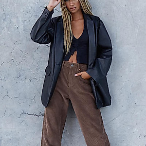 ABYOVRT Women Leather Jacket Oversized Faux Leather Blazer Button Down Lapel Coat with Pockets Vintage Streetwear (Black,Small)