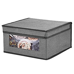 mDesign Medium Fabric Stackable Closet Storage Organizer Box with Front Window/Lid for Bedroom, Office, Mudroom Organization, Hold Clothes, Blankets, Linens, Lido Collection, Dark Gray/Black