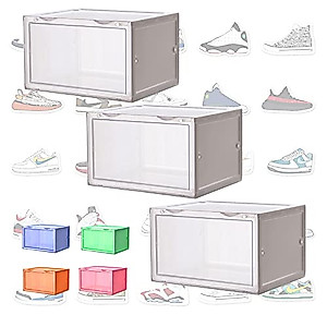 Augctoer Shoe Storage Boxes, Clear Plastic Shoe Boxes, Shoe Storage Boxes Stackable, Shoe Organizer Containers with Lids, Magnetic Door, Shoe Organizer for Closet, Bedroom, Bathroom (White)