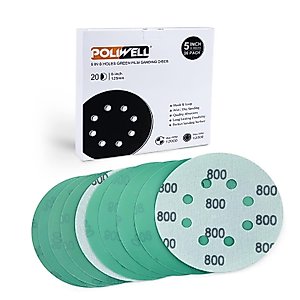POLIWELL 5 Inch Sanding Discs 8 Holes 800 Grit Wet Dry Film-Backed Green Line Hook and Loop Dustless Power Random Orbital Sander Paper, for Car Paint Wood or Metal Grinding and Polishing, 20 Pack