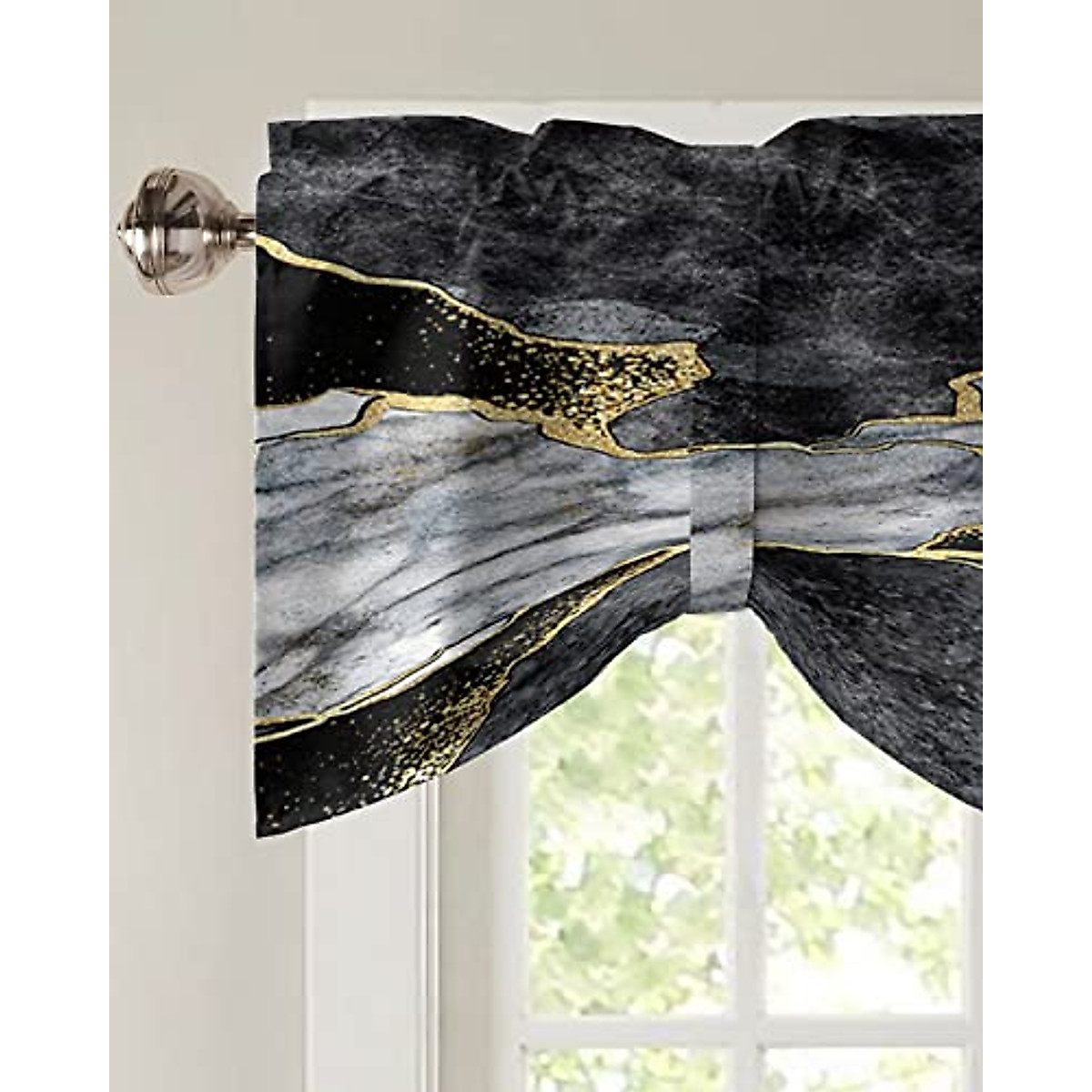 Tie Up Kitchen Curtain Valance Black White Marble with Gold Stripe Adjustable Window Shade Valances Rod Pocket Small Windows Treatment Panel for Bathroom Bedroom,42"x12",Abstract Stone Agate Texture