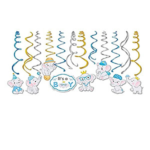 Kristin Paradise 30Ct Blue Elephant Baby Shower Hanging Swirl Decorations, Little Peanut Party Supplies, Boy Birthday Theme Decor, Bday 1st Favors Idea