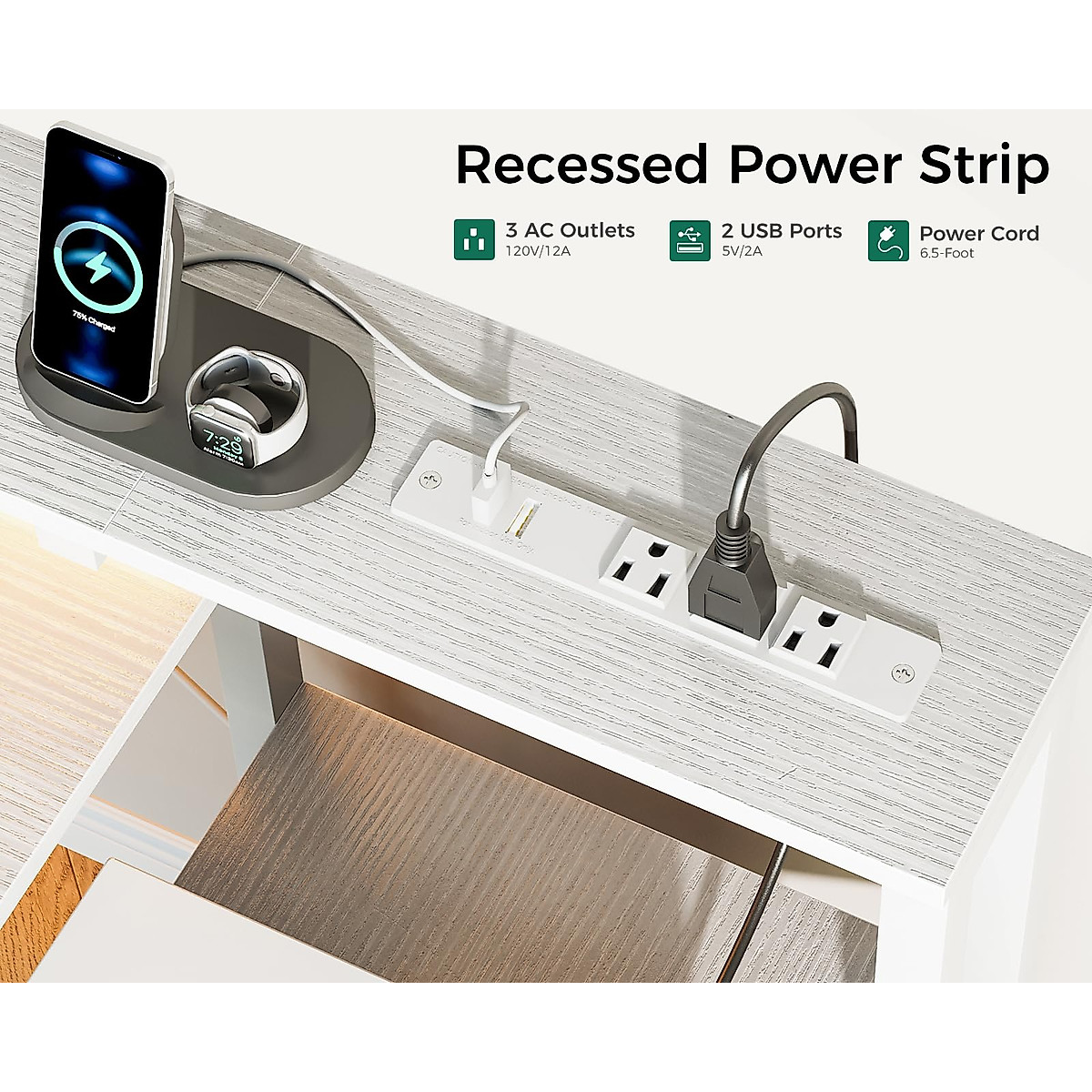 AODK 55" Computer Desk with Fabric File Cabinet and Drawer, Reversible Office Desk with Power Outlet and LED Light, Study Desk with Printer Stand, Keyboard Tray, Full Monitor Riser and PC Stand, White