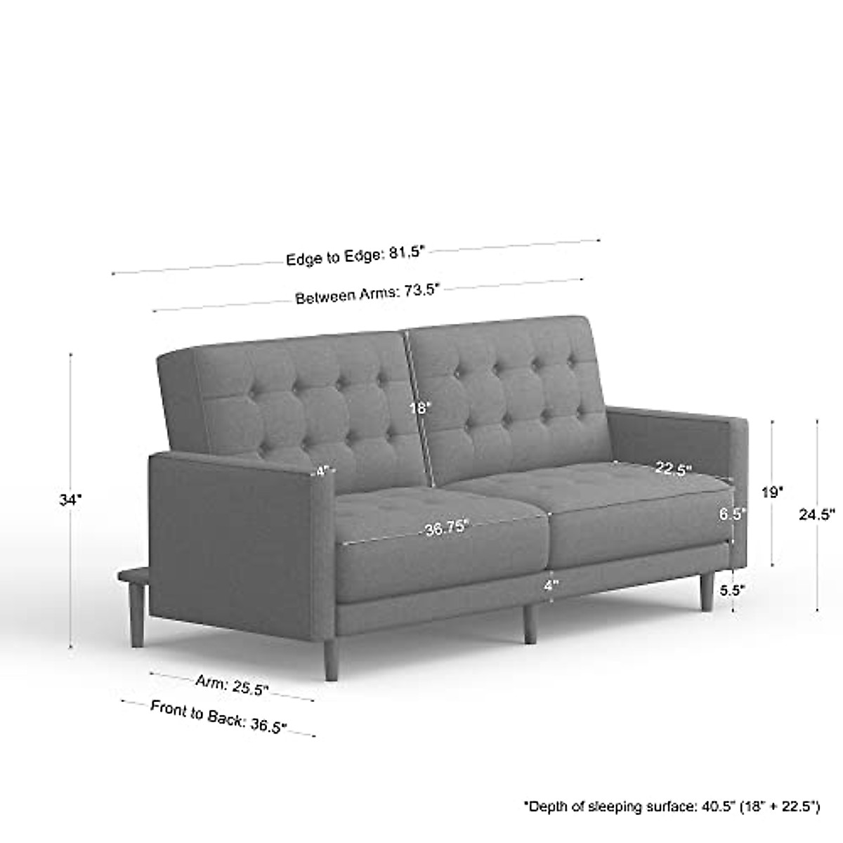Glenwillow Home 81.5" Mies Square Arm Sleeper Sofa with 32-Button Tufting in MCM Vintage Design in Dark Grey