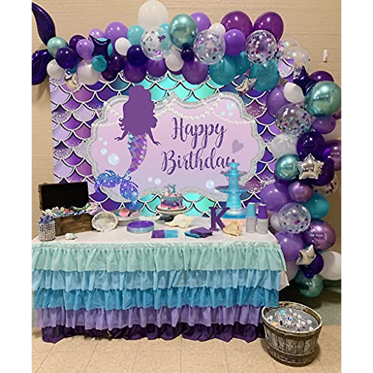WR Mermaid Backdrop Under The Sea Blue Purple Mermaid Scales Birthday Photography Background for Girl Mermaid Princess Party Cake Table Decorations (7x5FT(Width 210cm x Height 150cm))