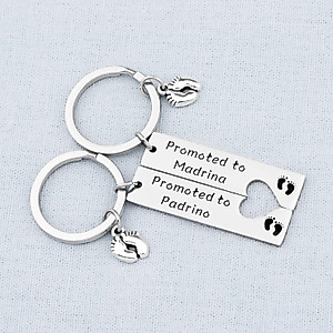 BEKECH New Padrino Madrina Proposal Gift Promoted to Padrino/Madrina Baby Footprint Charm Keychain Set Pregnancy Announcement Gift for New Godparents (keychain set)