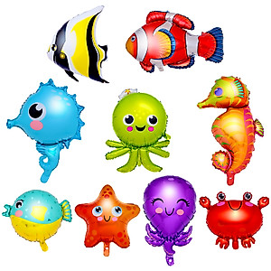 10 Pieces Sea Animals Balloons Ocean Foil Balloons Large Fish Balloons Cartoon Sea Creature Balloons for Boys Girls Under The Sea Themed Birthday Party Baby Shower Decorations, 10 Styles