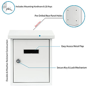 SereneLife SLMAB01 Weatherproof Wall Mount Mailbox-Outdoor Galvanized Metal Key Large Capacity, Commercial Rural Home Decorative & Office Business Parcel Box Package Drop Slot Secure Lock, White