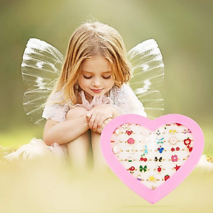 SUNMALL 36 pcs Adjustable Rings in Box, No Duplication, Children Kids Little Girl Pretend Play and Dress up Jewelry Set with Heart Shape Display Case, (A)