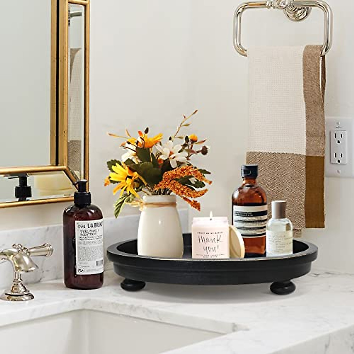 Unistyle Rustic Black Round Wood Tray, 12"