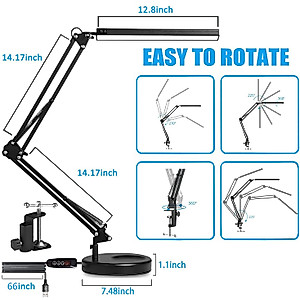 TROPICALTREE LED Desk Lamp with Clamp and Round Base,Eye Caring Table Lamp with Swing Arm,3 Color Modes 10 Brightness Levels,Memory Function, Desk Light for Home Office with USB Adapter Black-14W