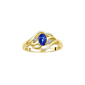 Rylos Rings for Women 14K Gold Plated Silver Ring Classic Style Birthstone Ring 6X4MM Gemstone & Diamonds Blue Star Sapphire Jewelry for Women Size 5