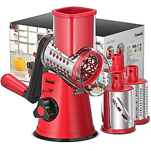 Geedel Rotary Cheese Grater, Kitchen Mandoline Vegetable Slicer with 3 Interchangeable Blades, Easy to Clean Rotary Grater Slicer for Fruit, Vegetables, Nuts
