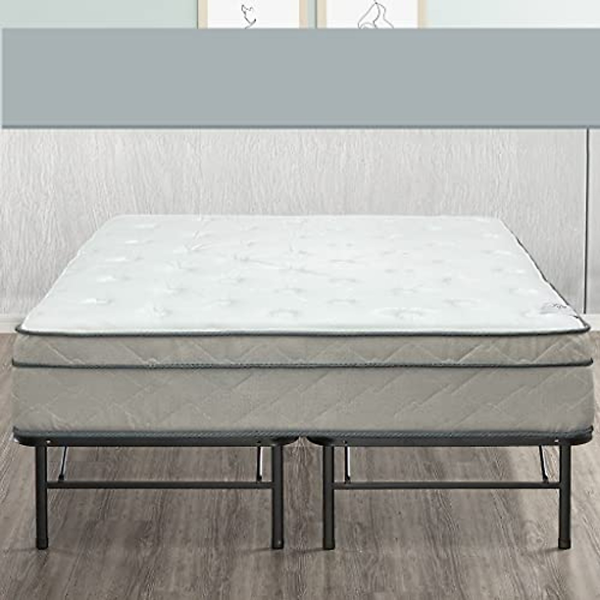 Mayton King 12 Inch Breathable Ultra Plush Hybrid Mattress Pain and Pressure Relieving Extra Soft EuroTop & Black 14" Metal Platform Bed Frame, Mink