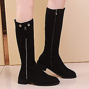 Fheaven Women's Flock Side Zip Knee High Boots Buckle Low Heel Casual Middle Tube Booties