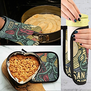 Retro Octopus Kraken Catch Surfboard San Diego Oven Mitts Pot Holders Sets, Heat Resistant Kitchen Oven Gloves, Potholder Hot Pads for Cooking Baking Microwave Grill