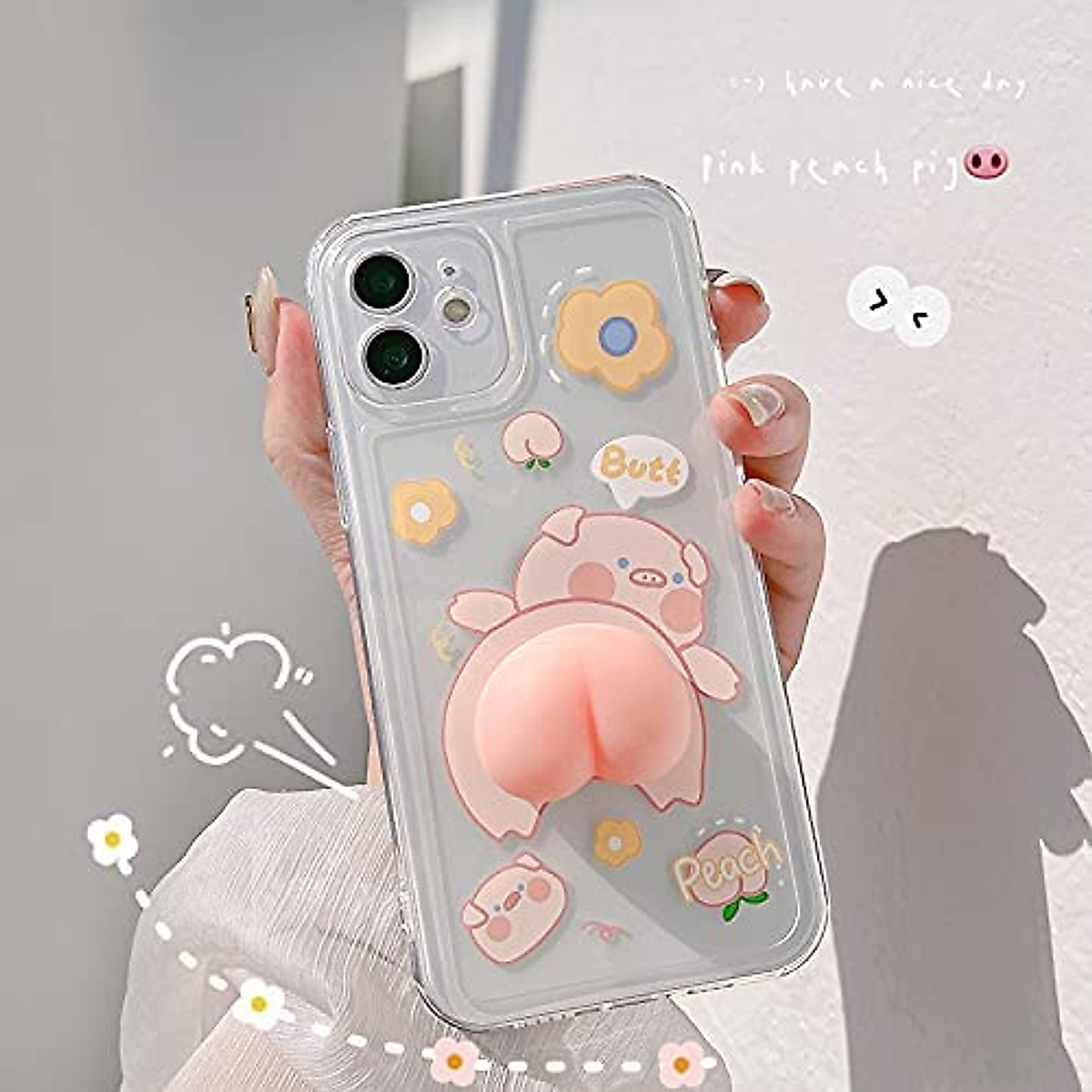 BONTOUJOUR Phone Case for iPhone 11, Funny Novelty Waving 3D Squeezable Peach Butt Piggy Pattern Lovely Pig Case Transparent Soft TPU Silicone Rubber Case Help Relax