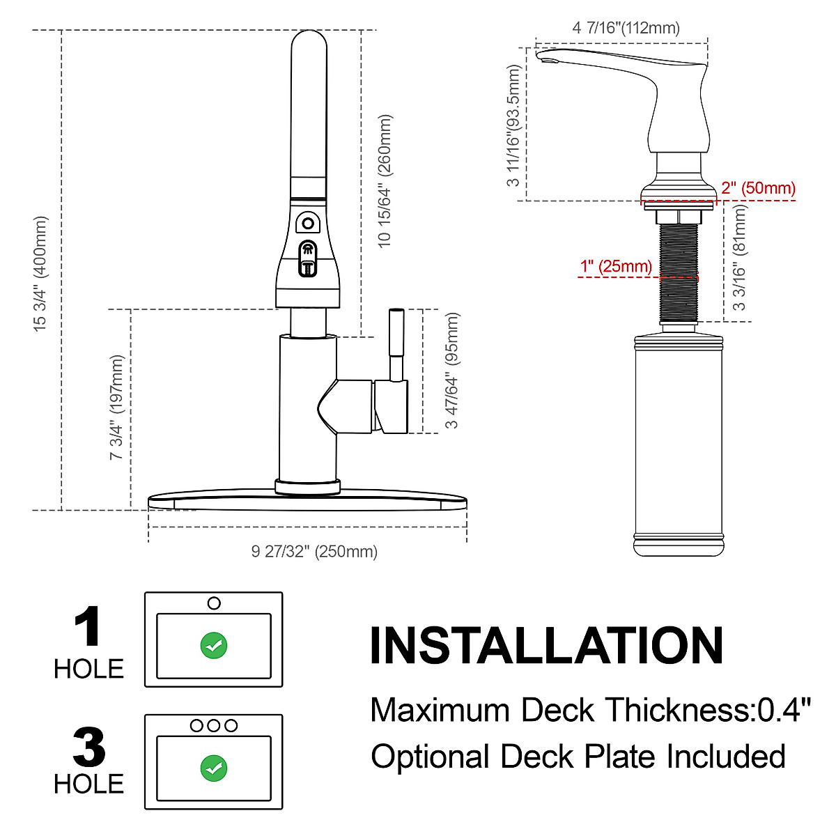 Matte Black Pull Down Kitchen Faucet with Soap Dispenser - High Arc 3-Function Pull Out Kitchen Faucet, Stainless Steel Kitchen Sink Faucet with Pull Down Sprayer Single Hole Single Handle