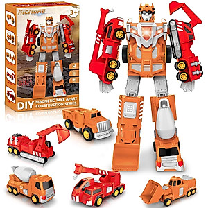 Nicmore Construction Toys Truck Transform into Robot Bundle with Toys Vehicle Carrier Truck 3 4 5 6 Year Old Boys Girls Kids Toddlers 5 in 1 Toys Vehicles Christmas Birthday Gifts for Boys Girls