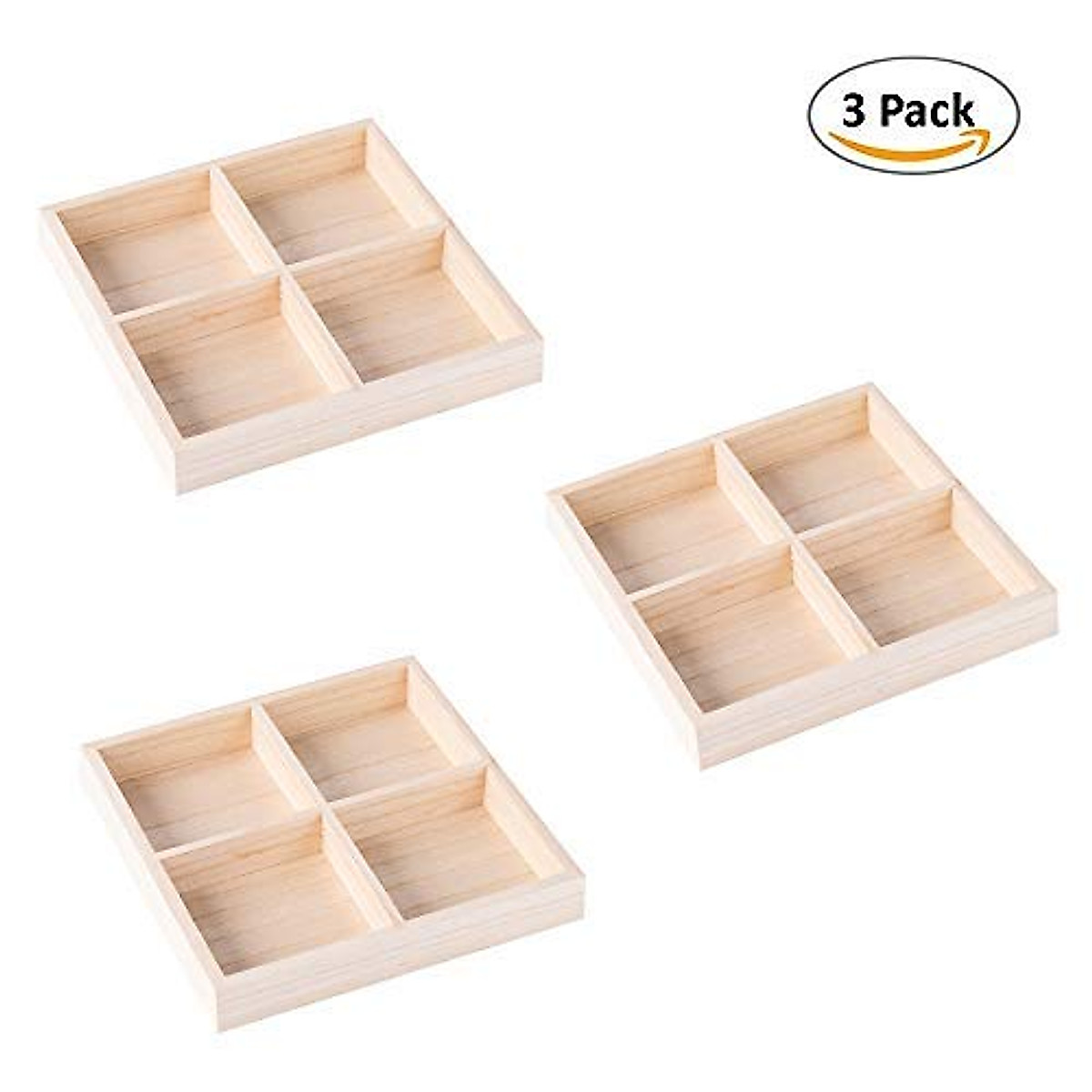 Hammont Four Sections Wooden Tray - 3 Pack - 7’’x7’’x1.22’’ - Square Wood Serving Tray with Four Simple Designed Compartments