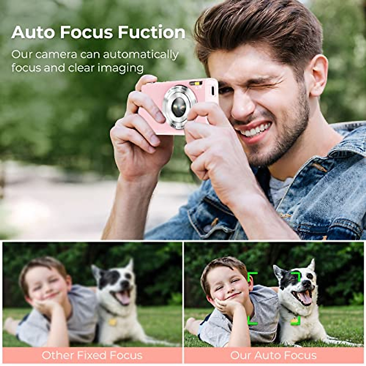 Digital Camera Auto Focus 2.7K Vlogging Camera HD 48MP 16X Digital Zoom Camera with 32G Memory Card 2 Batteries & Charger YouTube Portable Mini Compact Camera for Kids Teens Adult Beginner Pink