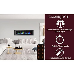 Cambridge 72 Inch Wall Mount Electric Fireplace Heater with Remote Control, Multicolor Flames, and Driftwood Log Display for Indoor Use in Living Room, Bedroom, Home Office, Black
