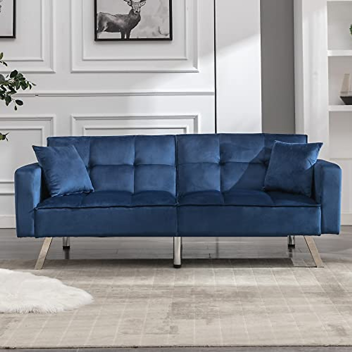 civama Futon Sofa Bed, Velvet 76" Twin Size Couch with 2 Pillows, 3-Seater 3 Angles Convertible Tufted Loveseat Sleeper for Living Room, Modern Upholstered Armrest Folding Futon, Blue, Metal Leg