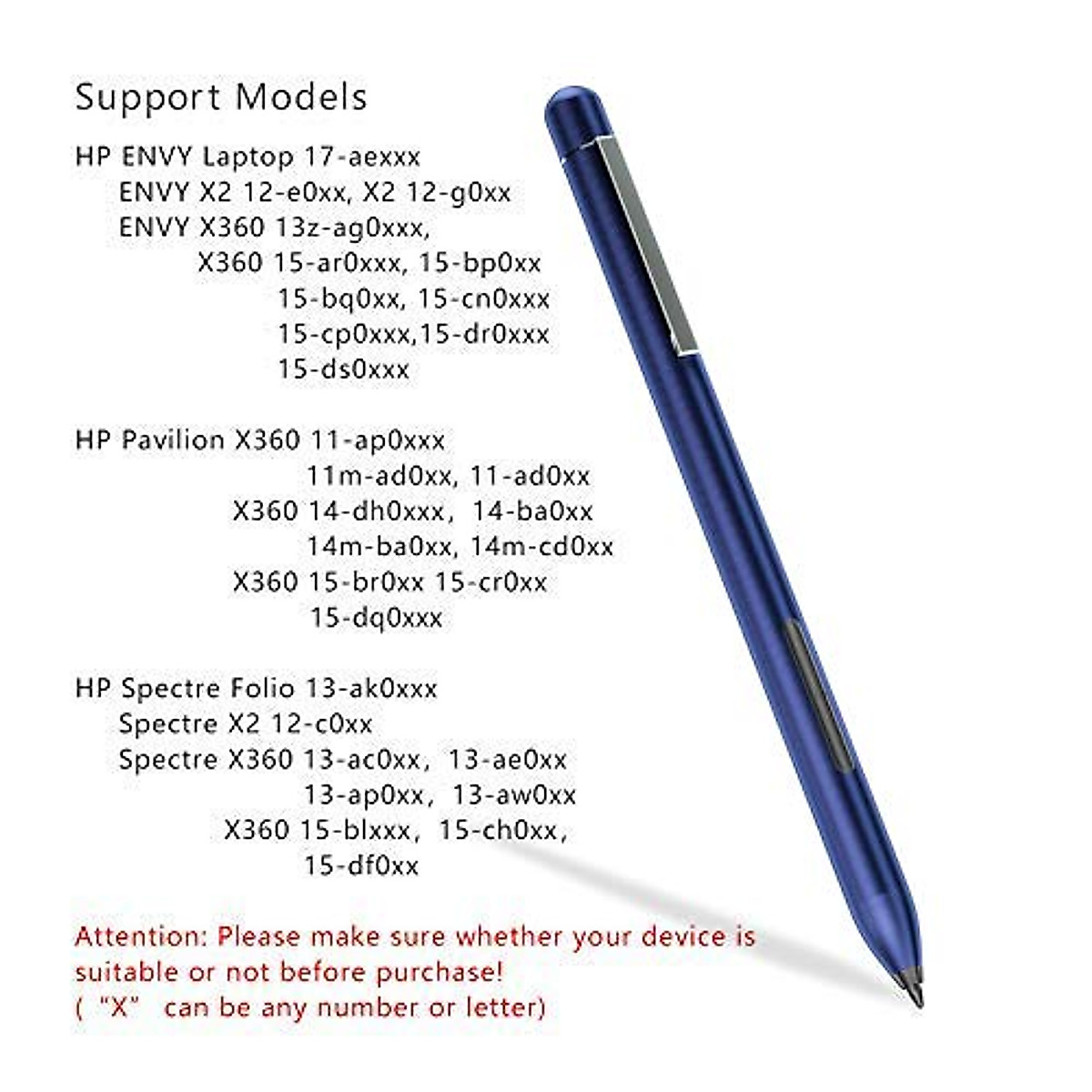 ﻿Stylus Pen for HP Pavilion x360 11m-ad0 14M-ba0 14-cd0 15-br0; HP Envy x360 15-bp0 15-bq0, x360 15-cn0, X2 12-e0xx,X2 12g0xx ; HP Spectre x360 13-ac0xx 15-blxxx (Blue)