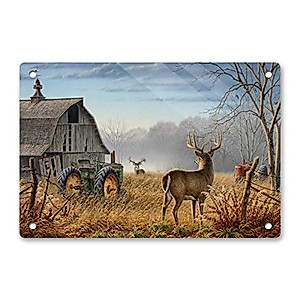 Autumn Barn Tractor & Whitetail Deer Customized 12" X 8" Metal Tin Sign,Vintage Style Art Wall Ornament Coffee & Bar Decor Wall Decorative Sign