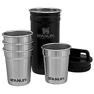 Stanley Stainless Steel Shot Glass And Flask Gift Set, Outdoor Adventure Pack With 4 Metal Shot Glasses, 8oz Whiskey Flask, And Travel Carry Case
